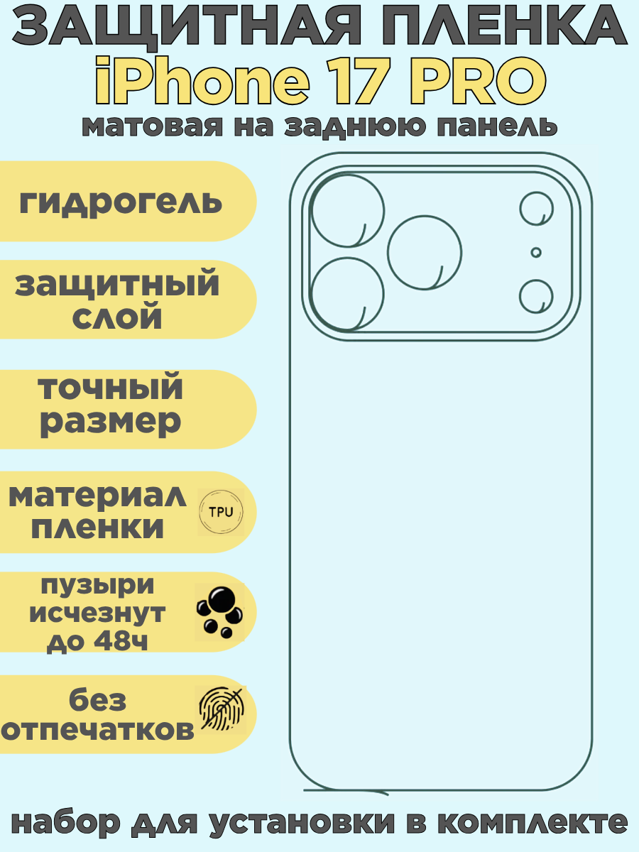 Задняя панель. Гидрогелевая полиуретановая защитная пленка для iPhone 17 PRO матовая