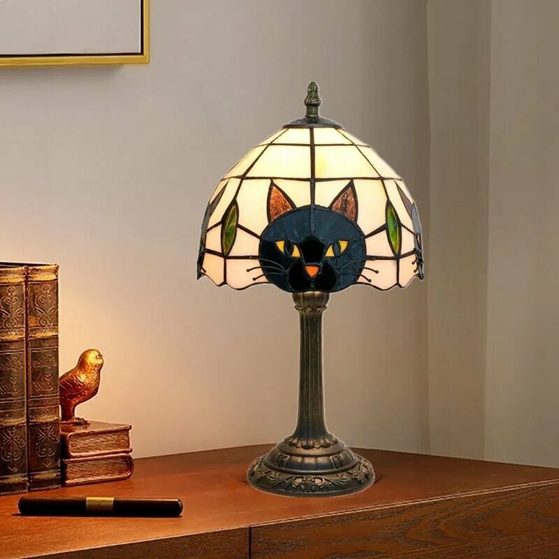 Винтажная лампа тиффани настольная Чёрная кошка