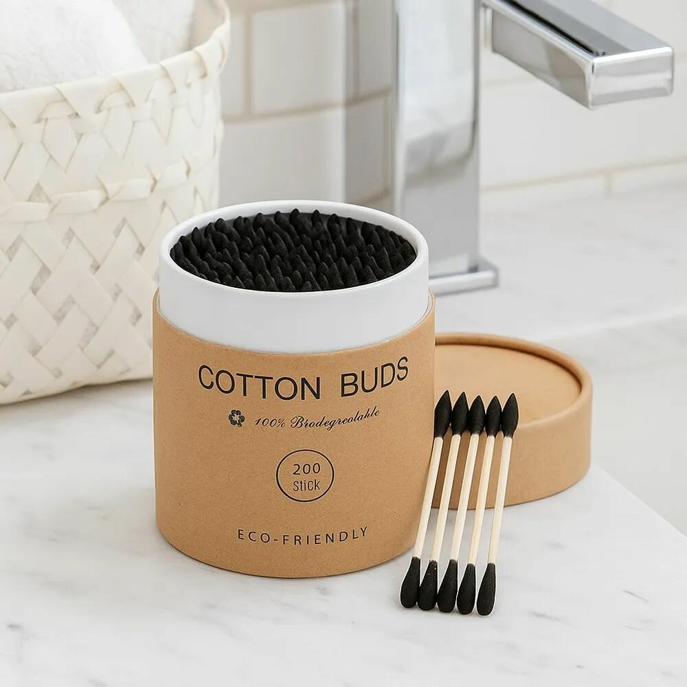 Ватные палочки бамбуковые ЭКО 200 штук (черные) в стильной подарочной упаковке, в коробке