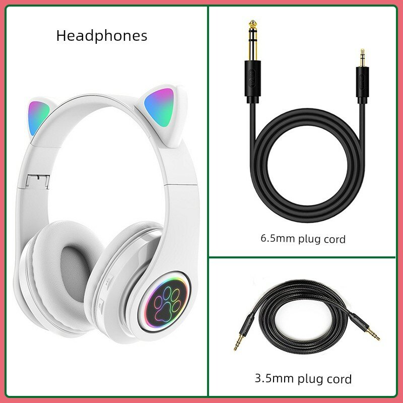 Беспроводные наушники Bluetooth с кошачьими ушами в белом цвете с 2-метровым кабелем