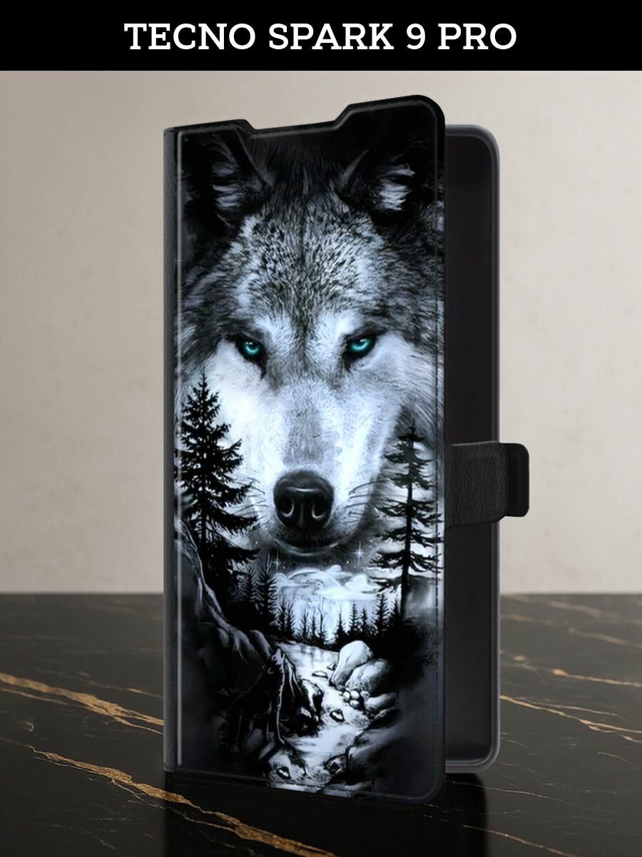 Чехол-книжка на Tecno Spark 9 Pro (Текно Спарк 9 Про) с картой и принтом "Волк в зимнем лесу"