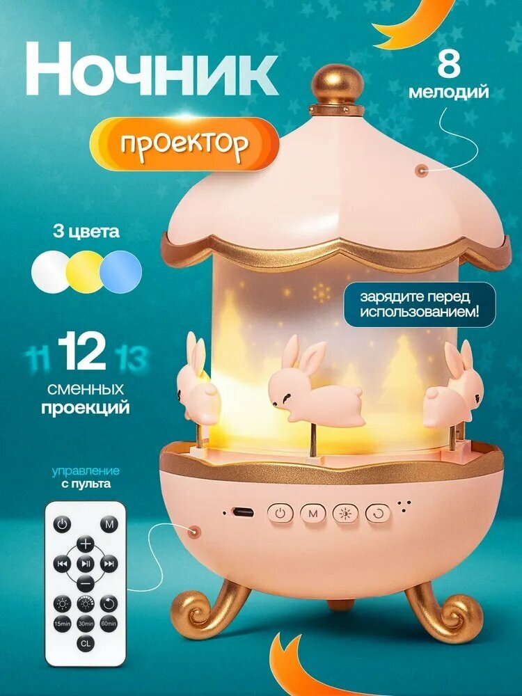Детский ночник-проектор, музыкальный, с пультом, регулировка яркости, 8 мелодий, 12 сменных проекции