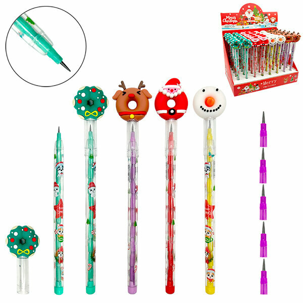 Карандаш сегментный KWELT "Merry Christmas", 1,5мм, HB, колпачок со съемной резиновой фигуркой ассорти, 48 штук