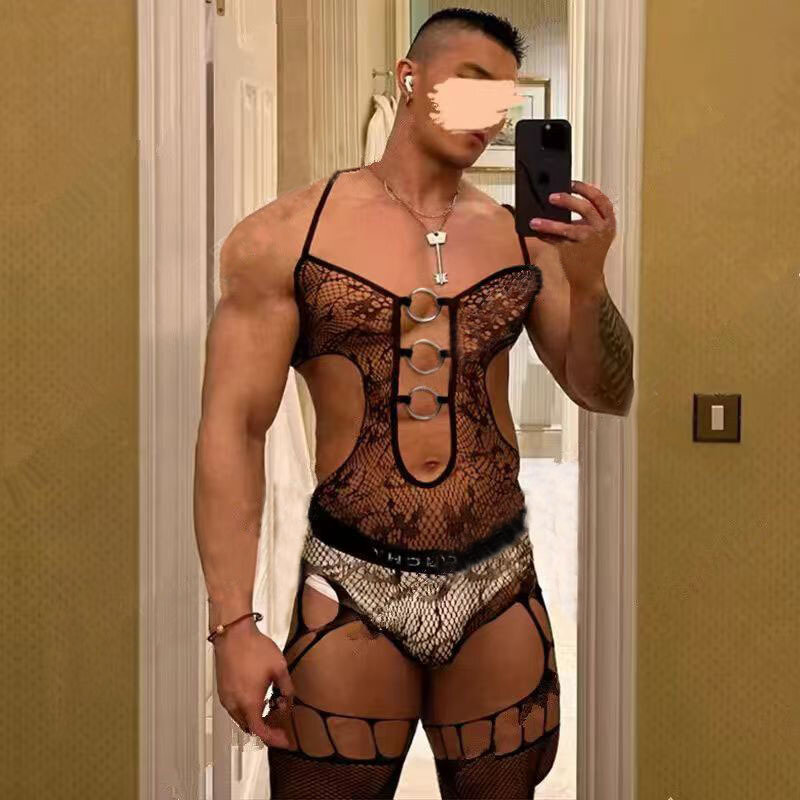 Сексуальные чулки в сеточку, мужской сексуальный боди, прозрачный сетчатый топ, соблазнительные.