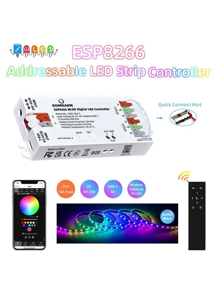DOMRAEM ESP8266 контроллер адресной ленты Type-C 5V/DC5-24V 2CH с низким энергопотреблением Совместим с лентами WS2811, WS2812B, WS2814, WS2815 Интеграция с системой умного дома Home Assistant