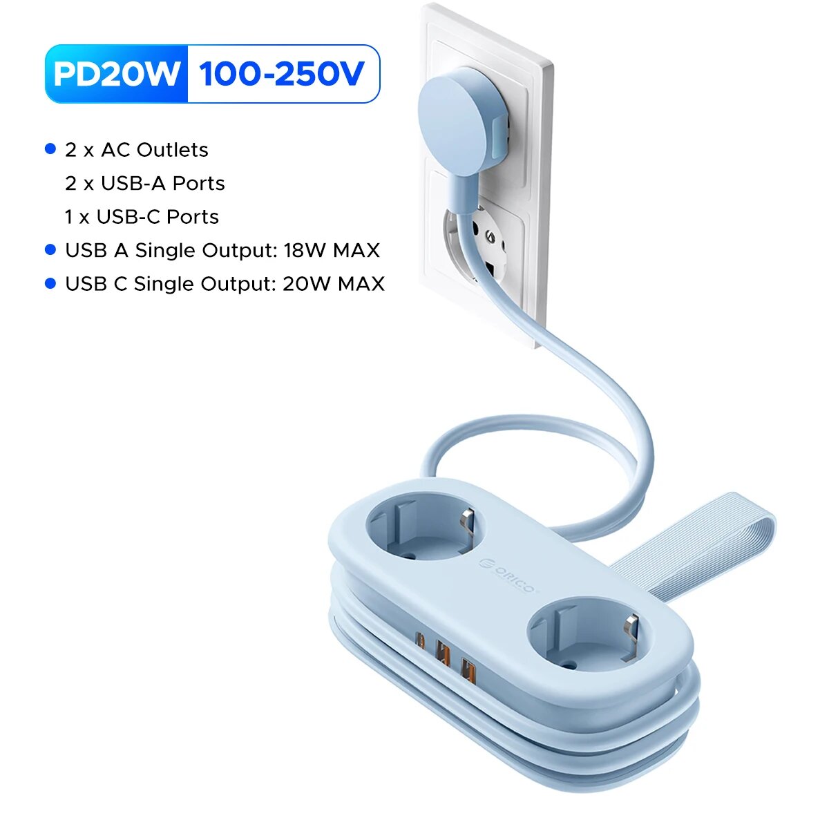 ORICO AP3 Европейский удлинитель Blue, 2x AC, 2x USB-A, USB-C 20W