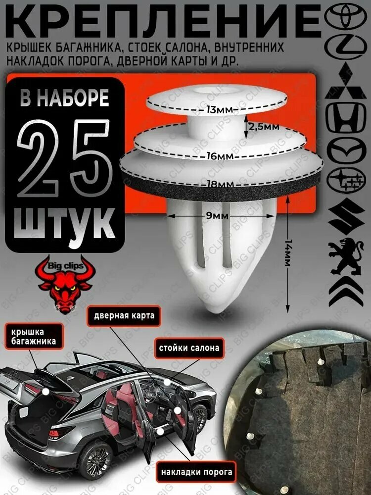 Клипса крепежная автомобильная, Гайка-секретка 1 1/2 - 12 U, 14 мм, 25 шт.