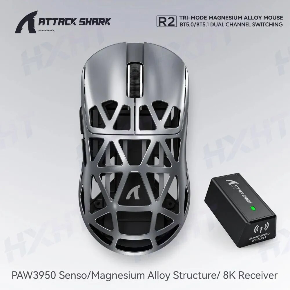 Attack Shark R2 Мышь Беспроводная Игровая, Сенсор PAW3950, 8K Hz, Ультралегкий Магниевый Корпус, Три Режима Подключения (Bluetooth, 2.4G, Проводной)