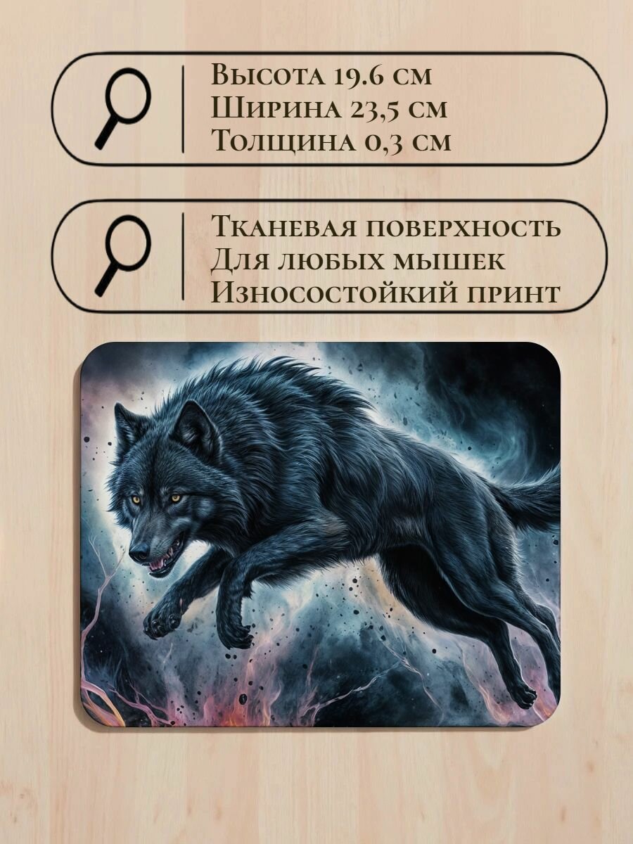 Коврик для мыши чёрный волк с жёлтыми глазами 230x195 мм