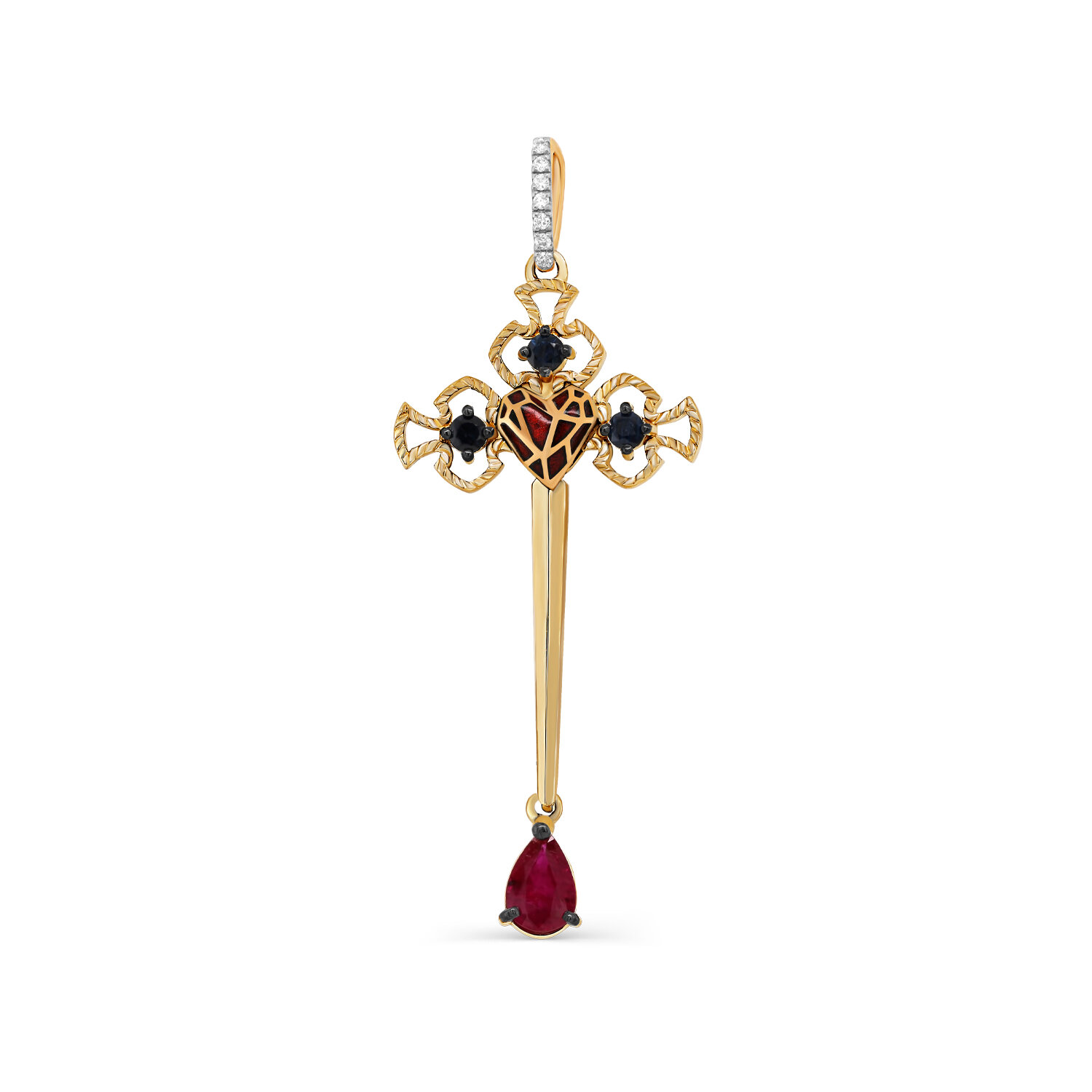Подвеска, желтое золото, 585 проба, сапфир, рубин, бриллиант