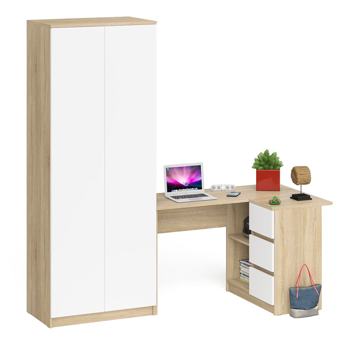 Шкаф СВК Мори МШ-800 две дверки и стол компьютерный угловой правый цвет дуб сонома/белый, 204,8х84,9х209,6 см.