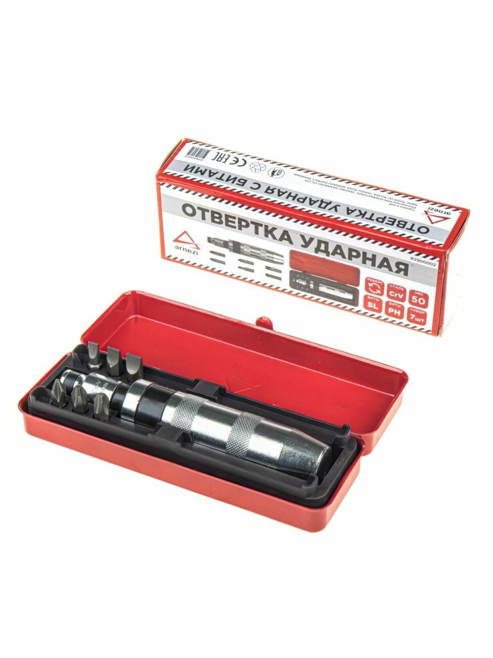 Отвертка ударная с набором бит, силовая отвертка поворотная реверсивная со сменными битами 1/4 в железном кейсе