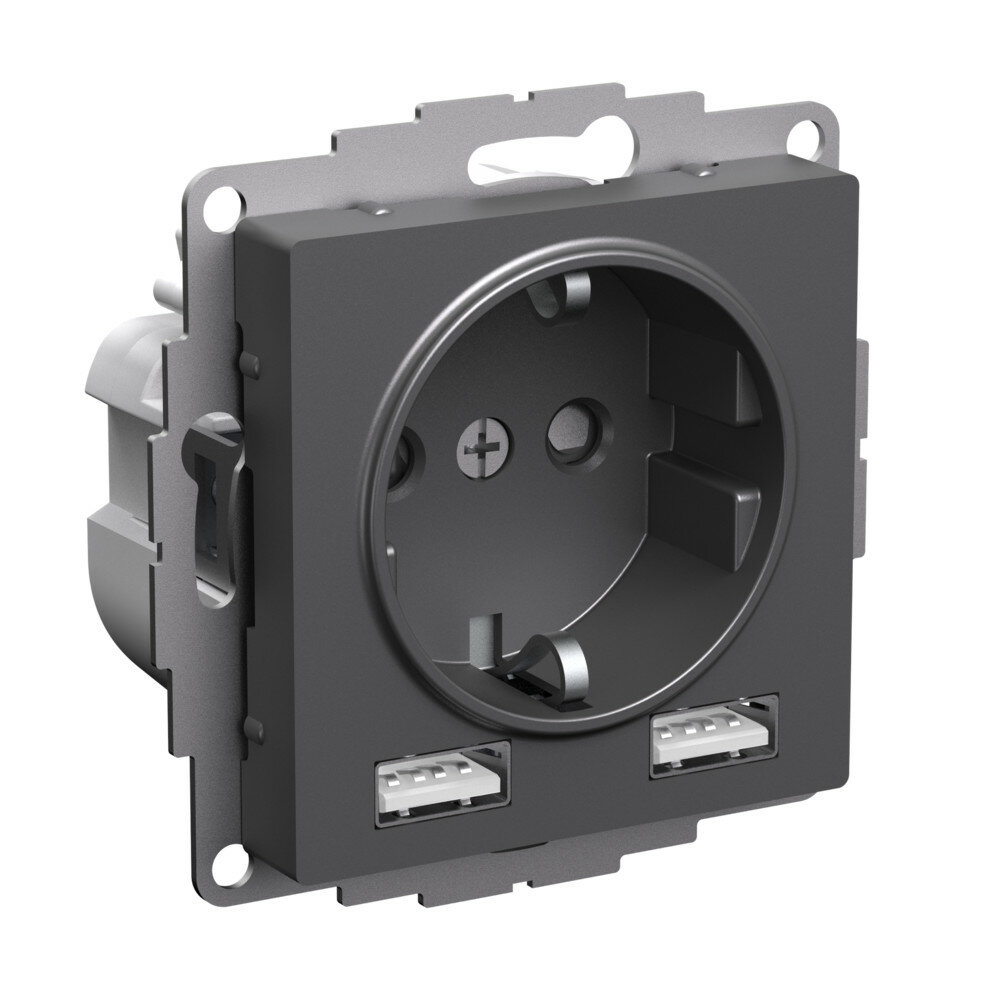 Розетка usb для зарядки Systeme Electric Atlas Design, с двумя разъёмами типа А + розетка 220в, на винтах, базальт