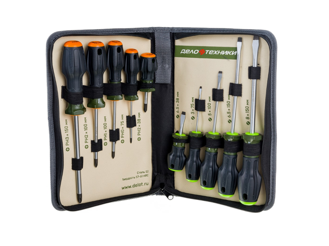 Набор отверток Дело Техники 728100, 10 предм. 728100 в зеленом планшете