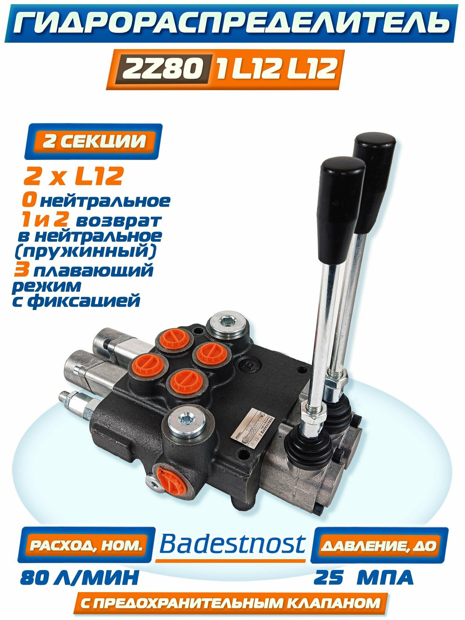 Гидрораспределитель 2Z801L12L12 Gkz1, "Badestnost" Болгария, 80 литров в минуту, 2 секции плавающим режимом без фиксации).