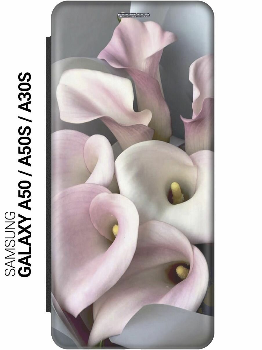 Чехол-книжка на Samsung Galaxy A50, A50s, A30s, Самсунг А50, А30с, А50с с 3D принтом "Розовые каллы" черный