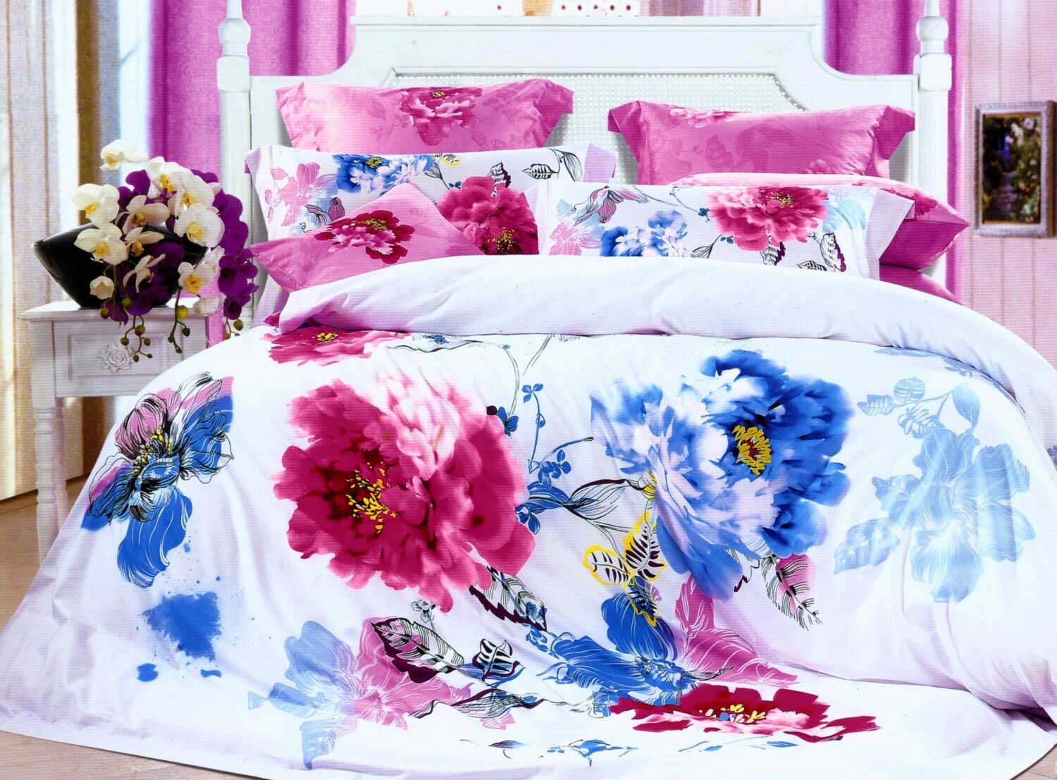 DOMITEX : Комплект постельное белье домитекс сатин цветной Люкс фотопечать Икебана 1,5 спальный, наволочки 70х70см