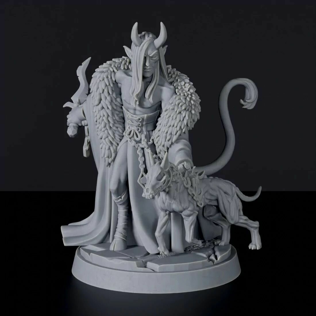 Миниатюра D&D "Тифлинг некромант с гончей" 32 мм (DnD, Dungeons & Dragons, ДнД, Подземелья и Драконы, Pathfinder)