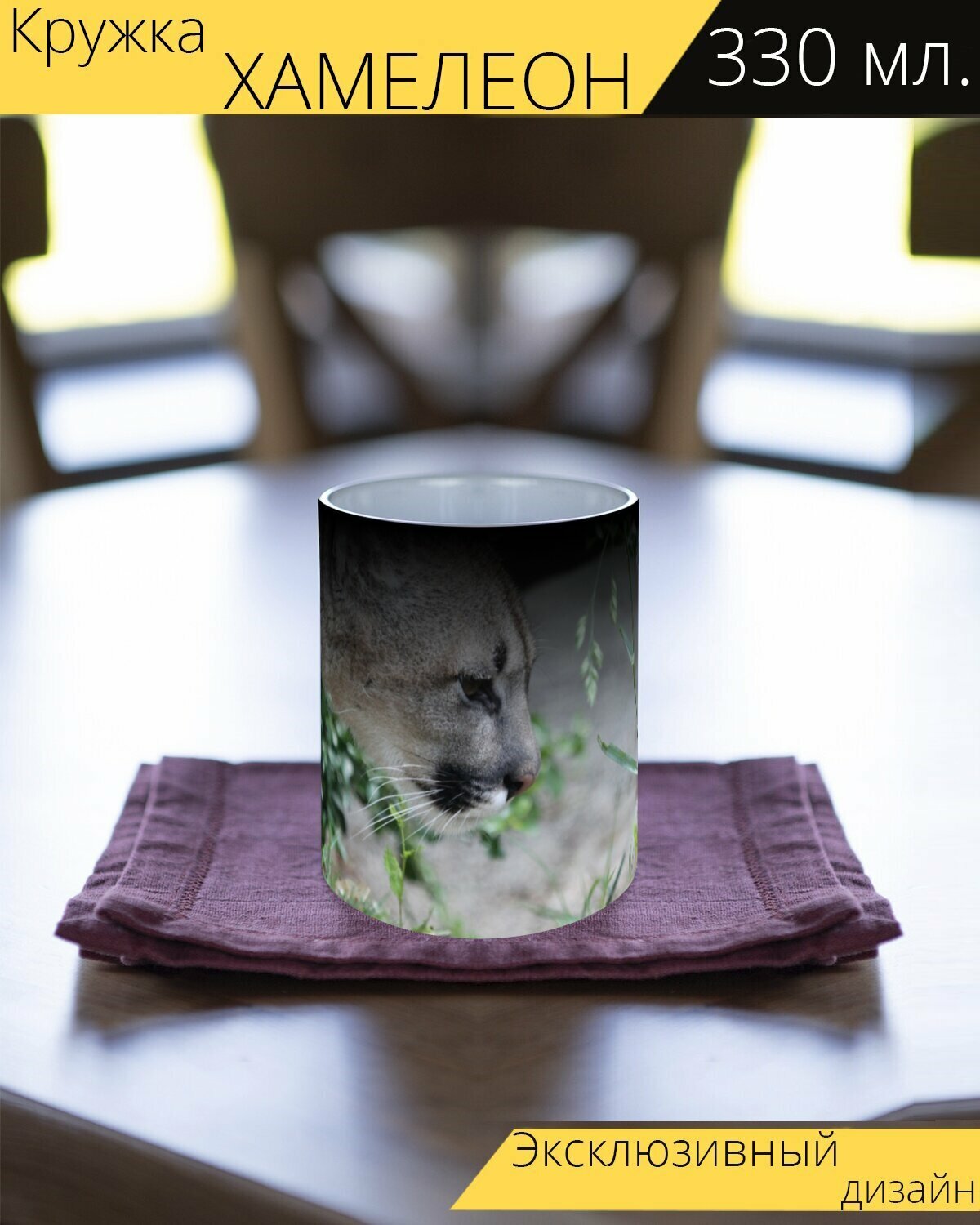 Кружка хамелеон с принтом "Пума, большой кот, животное" 330 мл.