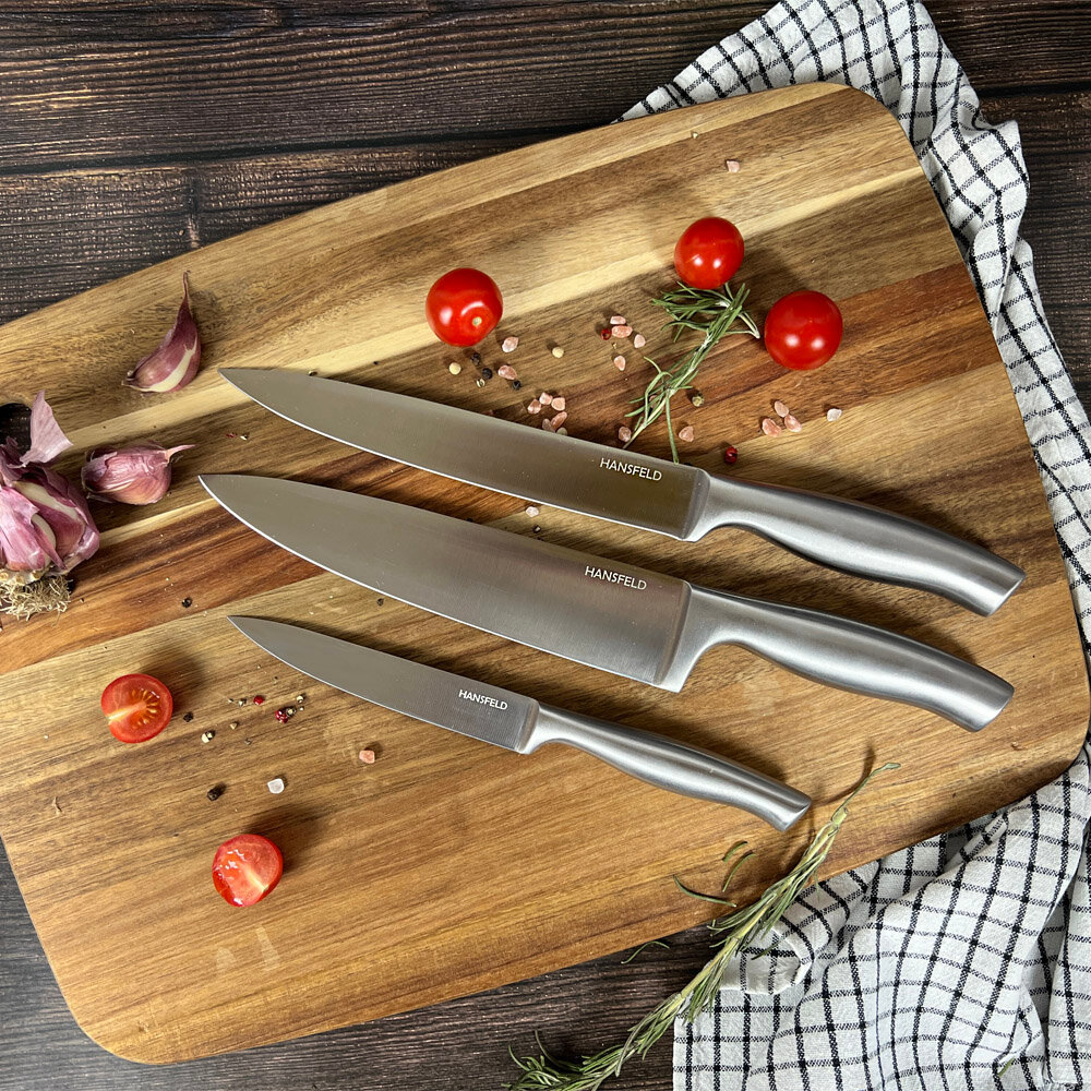 Набор кухонных ножей 3шт (универсальный, разделочный, поварской) HANSFELD Aurora, нож для нарезки, для разделки мяса рыбы, шеф нож поварской