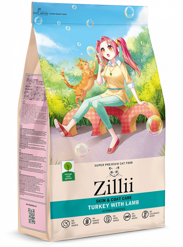 Сухой корм Zillii Skin & Coat, для взрослых кошек с индейкой и ягненком, 10 кг