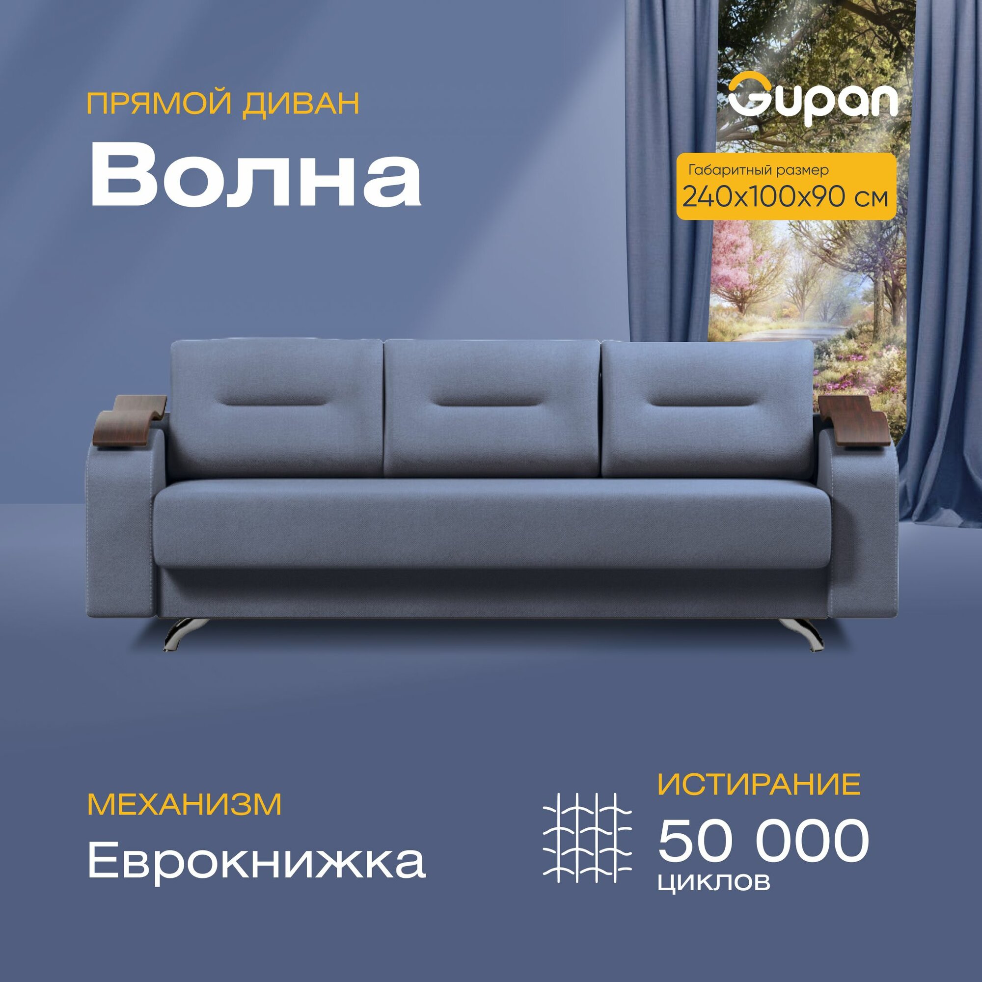Диван кровать раскладной Gupan Волна Велюр Амиго Темно-Синий, механизм еврокнижка, беспружинный, с ящиком для белья