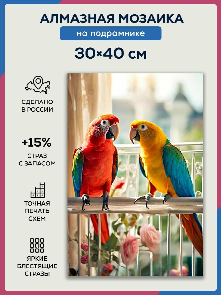 Алмазная мозаика 30x40 Яркие попугаи на подрамнике