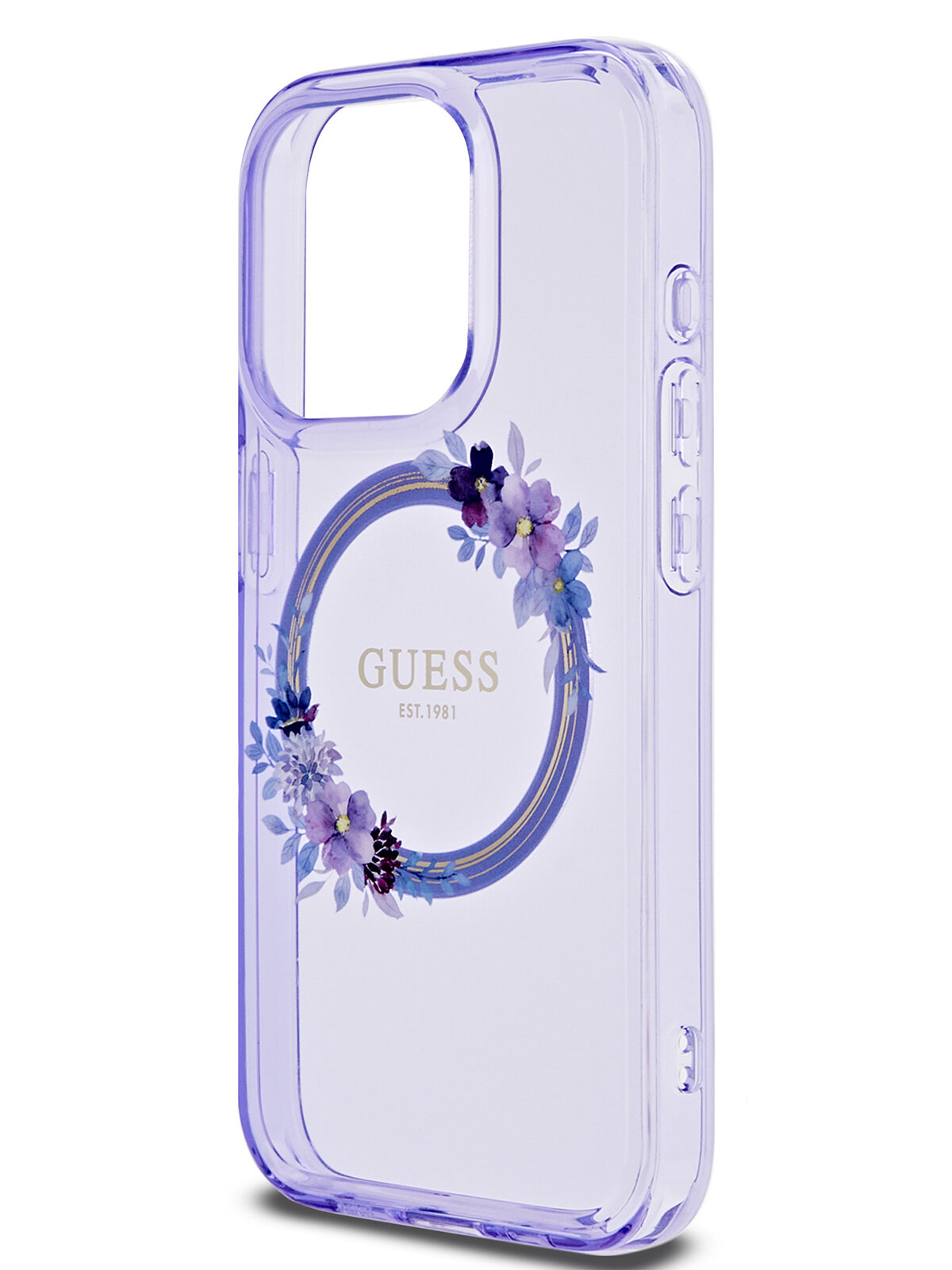 Guess для iPhone 15 Pro чехол PC/TPU Flowers Wreath Hard Purple (MagSafe)