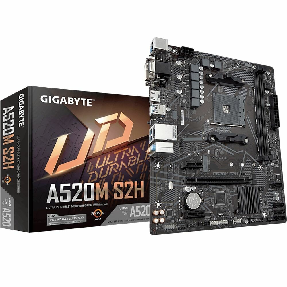 Материнская плата Gigabyte A520M S2H, AM4, Micro-ATX, двухканальный режим
