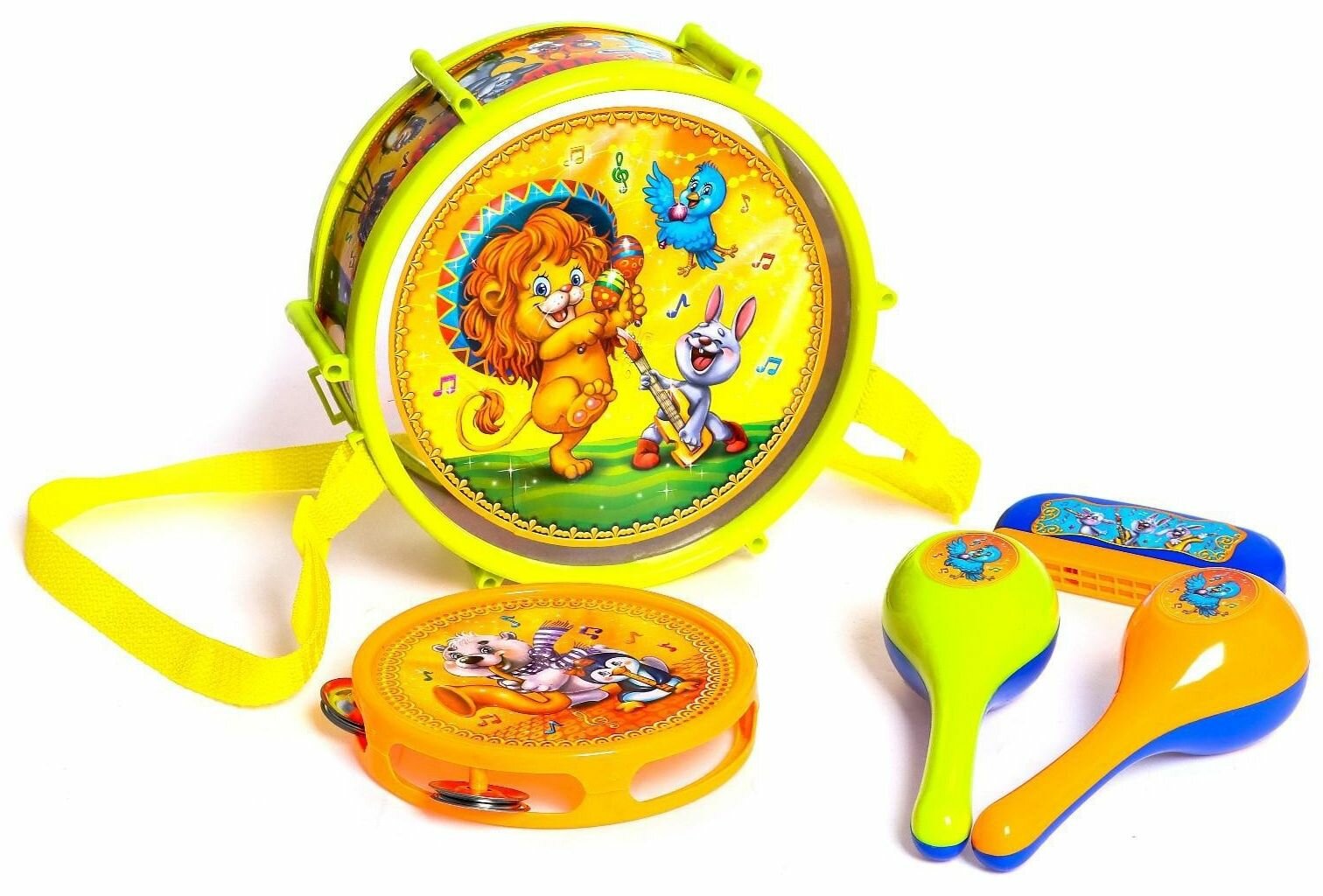 Набор детских музыкальных инструментов "Мульт Бэнд-2", 7 предметов: барабан, бубен, 2 маракаса, губная гармошка, 2 палочки, развитие музыкального слуха и чувства ритма, цвета микс