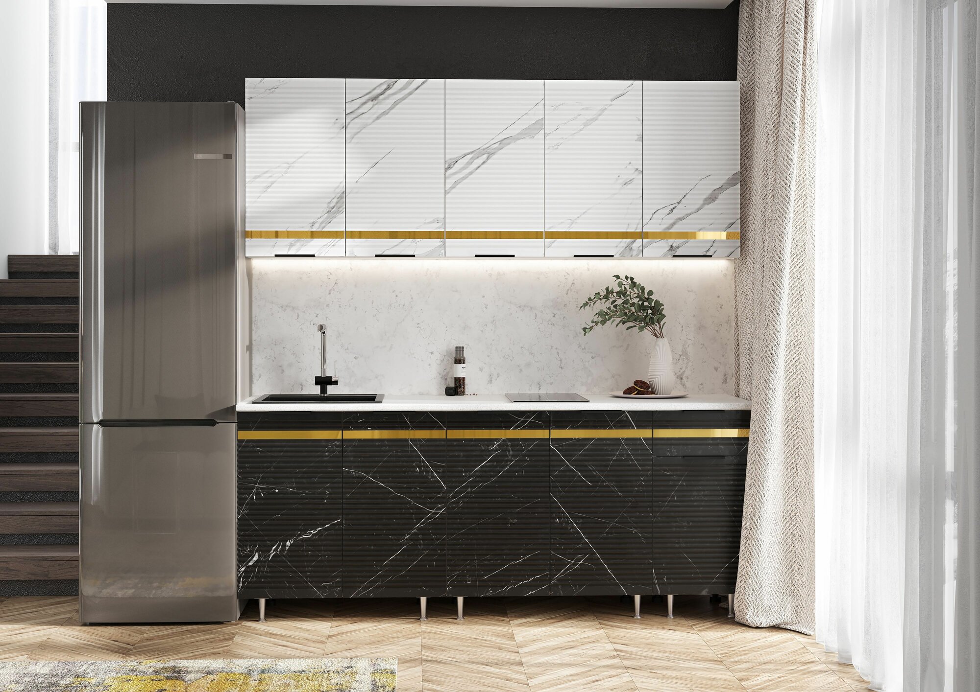 Кухня Милена МДФ 2,0 м. Мрамор белый софт, Мрамор блэк софт