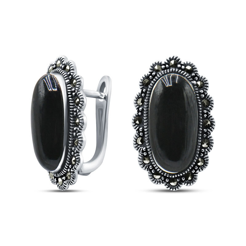 Серьги, серебро, 925 проба, марказит, оникс