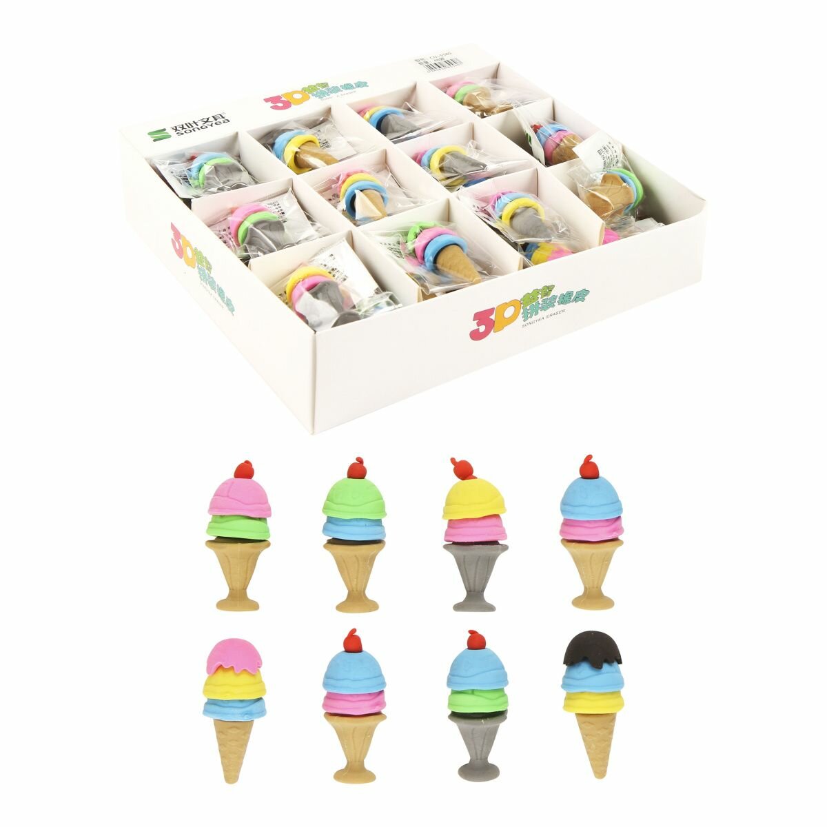 Ластики фигурные Мороженое 4 шт. Размер 43*30*5 мм, каучук, ассорти