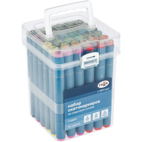 Набор двусторонних маркеров для скетчинга Гамма "Студия" 36цв, основные цвета, корпус трехгранный, пулевид./клиновид. наконечники, пласт. кейс