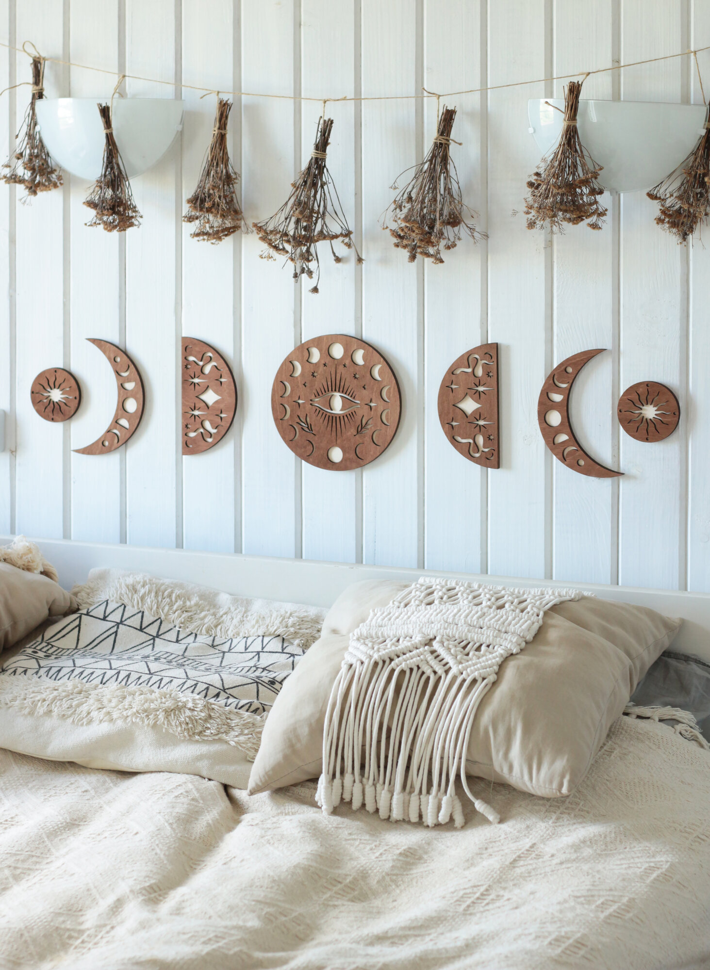 Бохо декор "Фазы Луны', настенная декорация в стиле Бохо, деревянная композиция Бохо