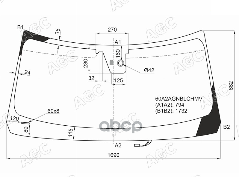 Стекло лобовое (Обогрев щеток/ Камера/ Датчик дождя) Nissan Patrol 10-19 / Infiniti QX56 10-13 AGC арт. 60A2AGNBLCHMV