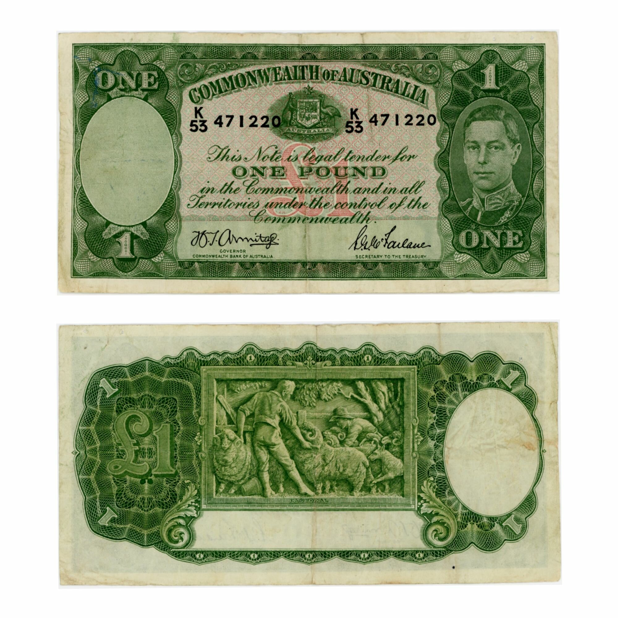 Банкнота Австралия 1 фунт 1942 год (F) Pick 26b