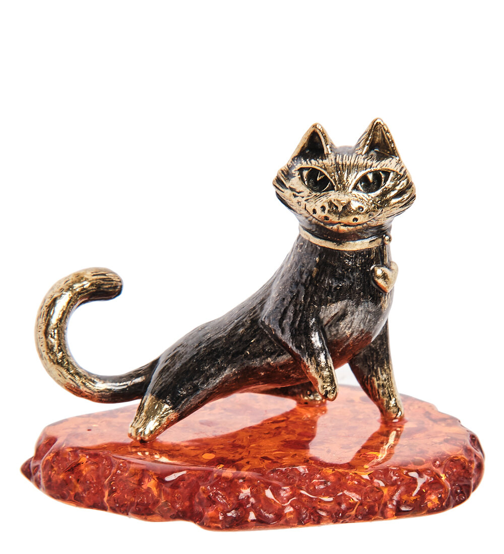 Фигурка 'Кошка с сердечком' (латунь, янтарь)
