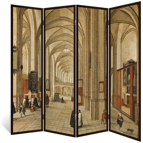 Ширма перегородка Декор Депо для комнаты деревянная "Готический интерьер" двухсторонняя с картинкой (живопись) 4 створки венге 176х185 см 14 кг