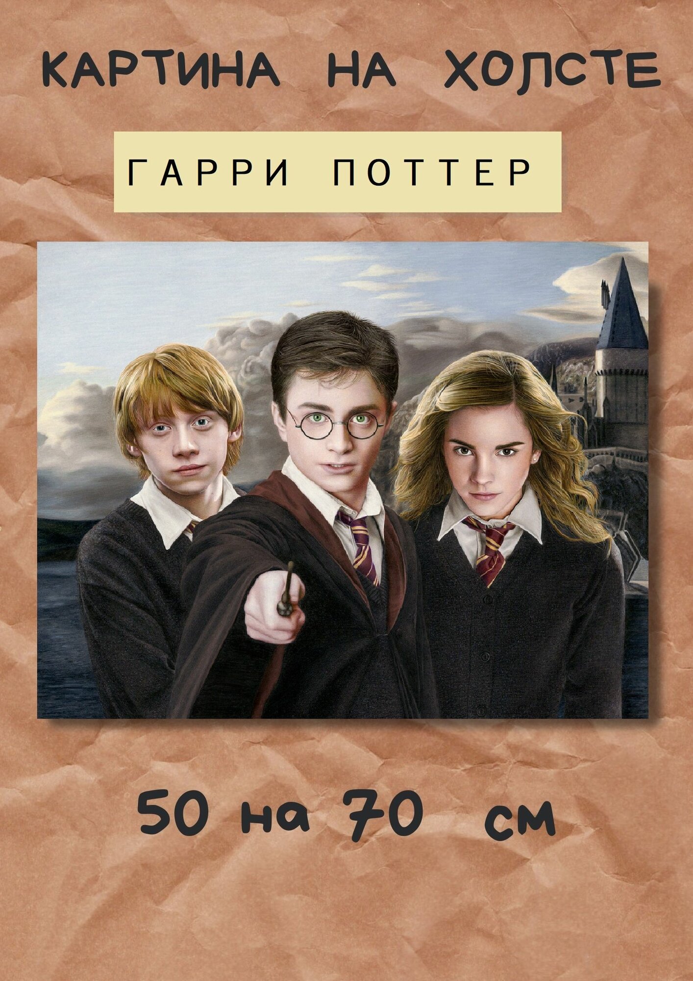 Картина с Гарри Поттером, Роном Уизли и Гермионой 50х70