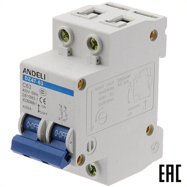 Автоматический выключатель на Din-рейку ADL01-084 ANDELI DZ47-63/2P C63A/2п/ 4,5кА (2 шт. в комплекте)