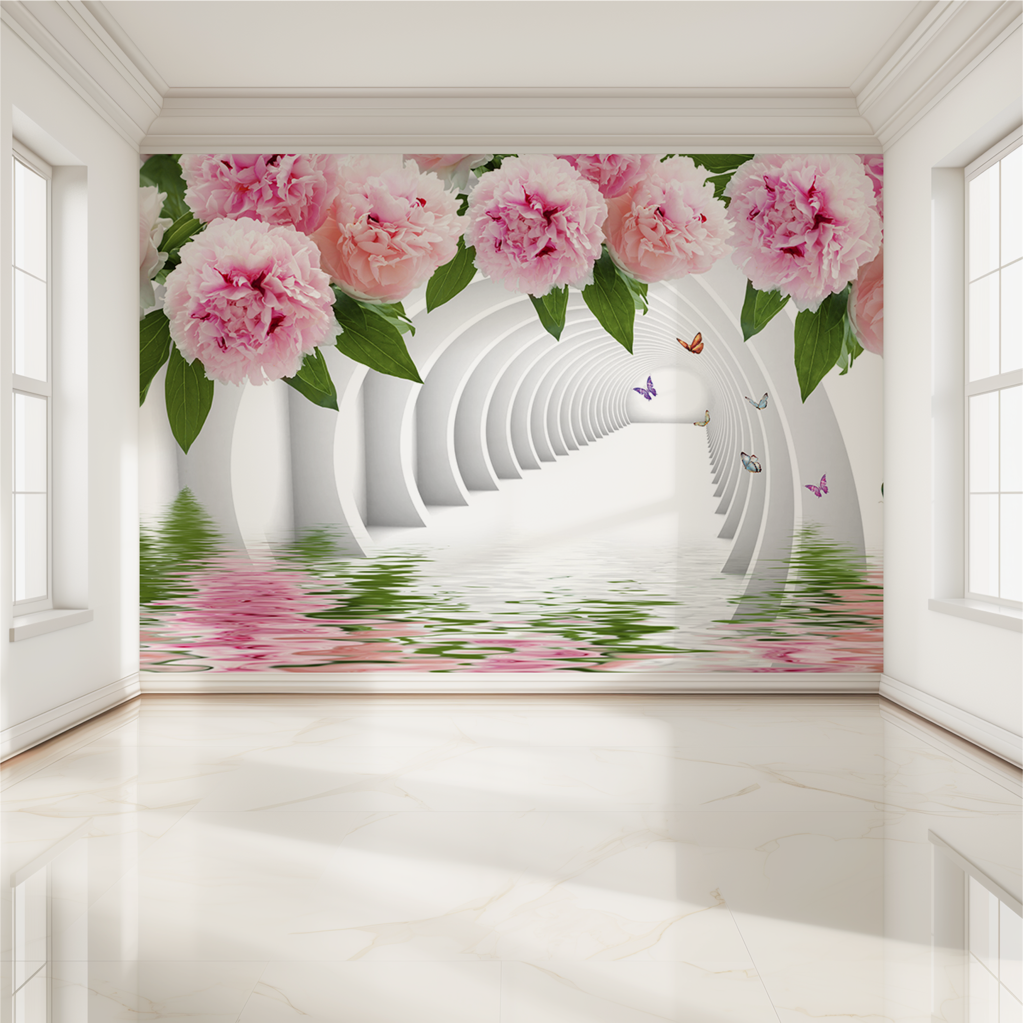 Фотообои 3д на стену "Арка с пионами", флизелиновые 400х270 см на кухню, спальню, зал