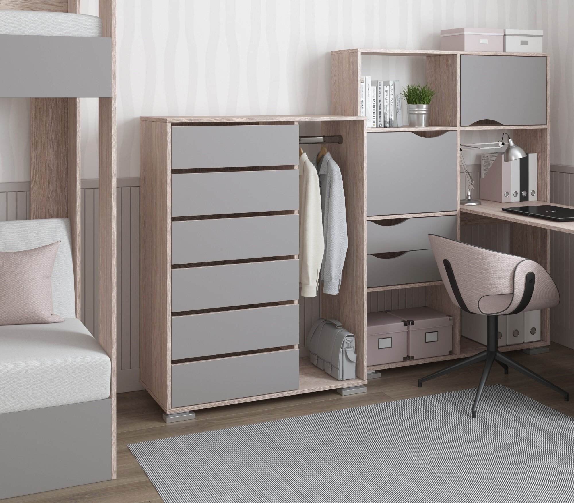 Шкаф, комод, шкаф-комод с ящиками, со штангой Есэндвич L Лаворо,100х50х120 см, левый (Анкор светлый/Вулканический серый)