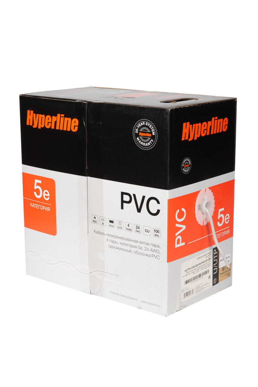 Витая пара Hyperline UUTP4-C5E-S24-IN-PVC-GY-305 U/UTP 5e кат. 4 пары
