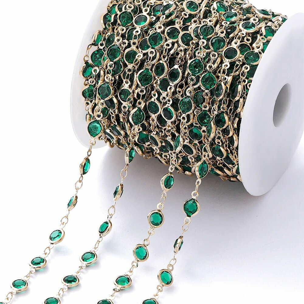 Золотая цепочка из хрустальных бусин YouYoungDifferent 1 метр Изумрудный, Jade green-KC gold