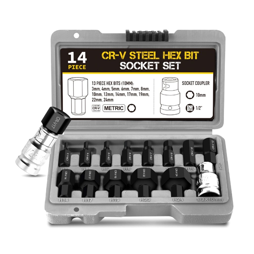 14шт Сверхмощный Шестигранный Бит Ударный Набор Торцевых Головок 1/2 "x10 мм Соединитель Торцевых Головок H3 ~ H24 Шестигранный Бит для Эффективной Работы Из Хромового Сплава