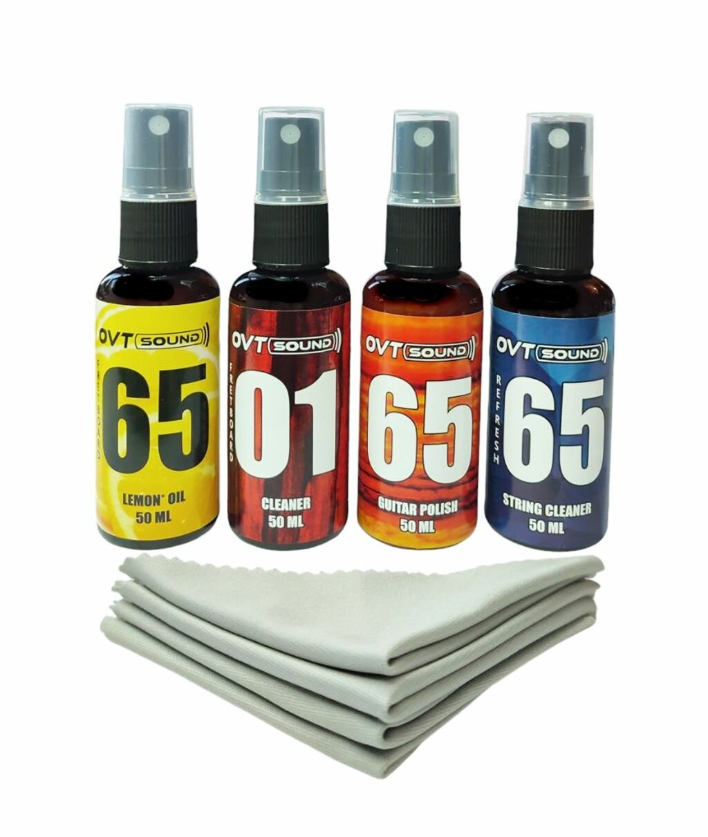 Комплект для ухода за гитарой 50мл: лимонное масло, 2 очистителя, полироль, 4 салфетки