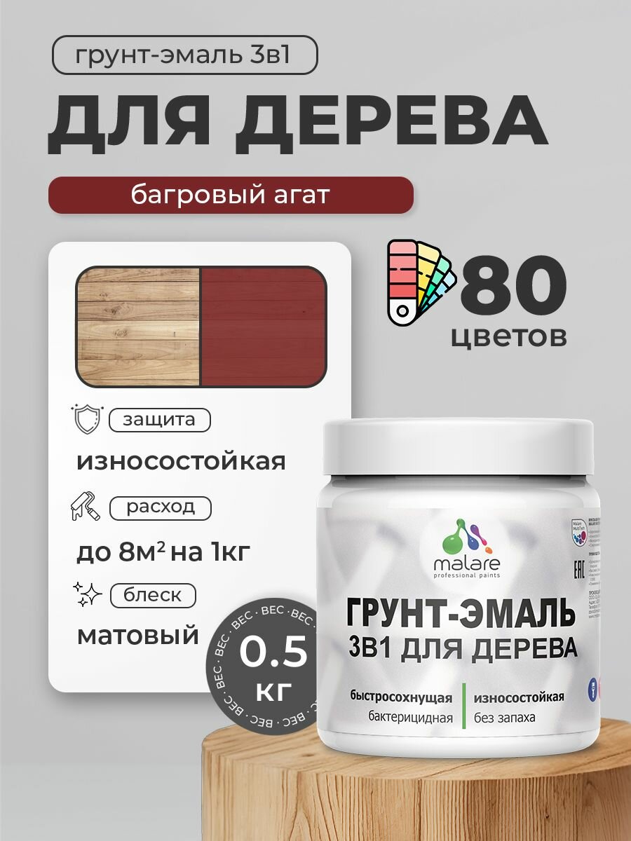 Акриловая Грунт-Эмаль 3 в 1 Malare для деревянных поверхностей/ краска по дереву с антисептическим эффектом/ быстросохнущая моющаяся без запаха матовая, багровый агат, 0.5 кг