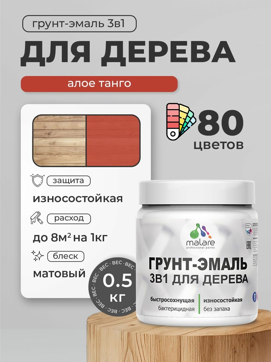 Акриловая Грунт-Эмаль 3 в 1 Malare для деревянных поверхностей/ краска по дереву с антисептическим эффектом/ быстросохнущая моющаяся без запаха матовая, алое танго, 0.5 кг