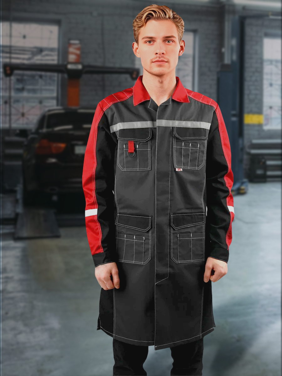 Халат мужской "ИТР" (Формула) серый с красным СОП. Размер:112-116. Рост:182-188